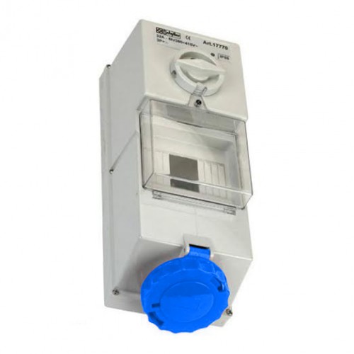 240V Blue Wall Mounted Interlocked Socket With Fuse Box 16Amp 2P + E IP55