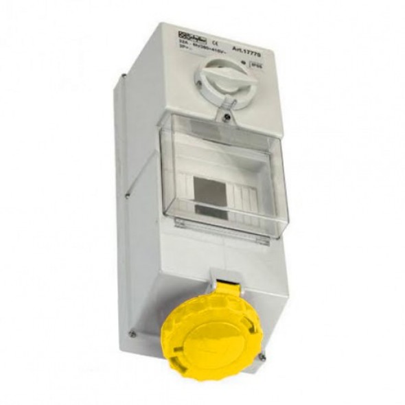 110V Yellow Wall Mounted Interlocked Socket With Fuse Box 16Amp 2P + E IP55